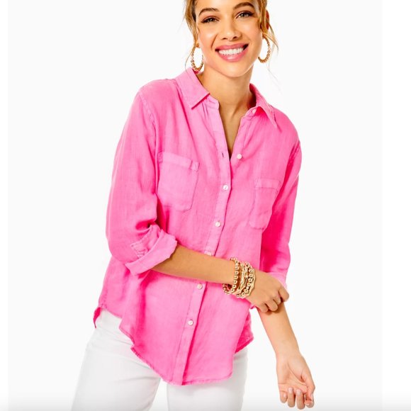 Lilly Pulitzer | Tops | Lilly Pulitzer Sea View Linen Button Down Top Aura Pink | Poshmark